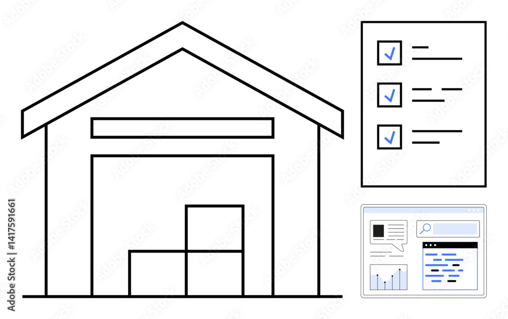 Warehouse with stacked boxes, checklist with completed tasks, and ...