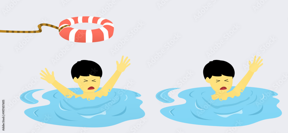 flat illustrations of a boy drowning and asking for help. Man is ...
