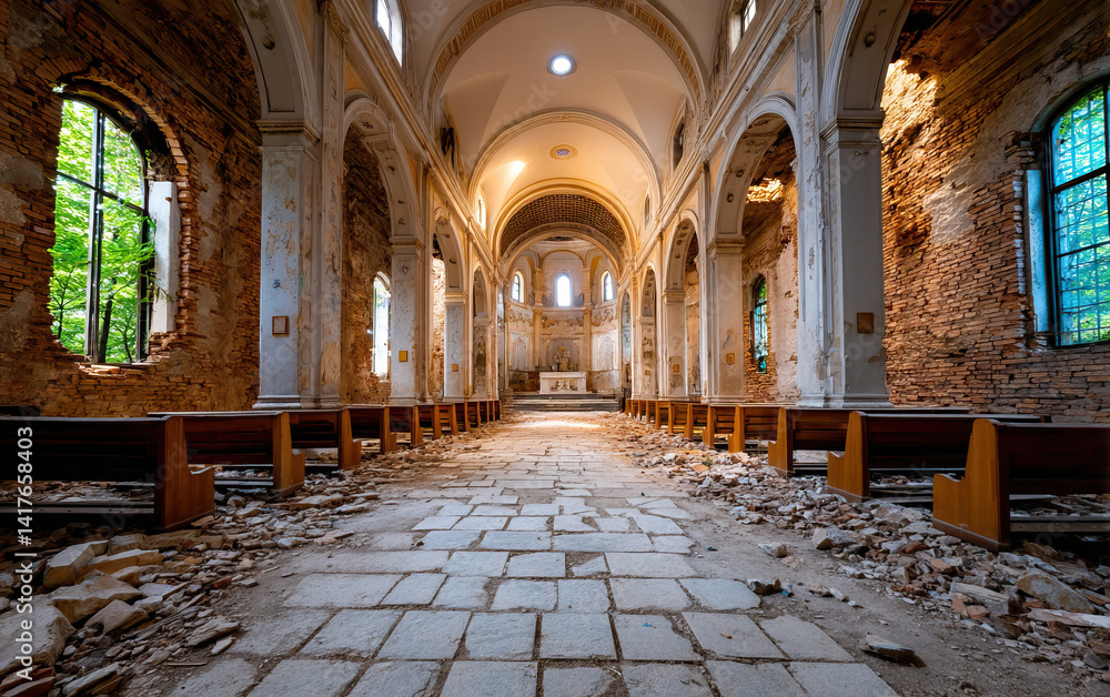 Abandoned church interior with collapsed walls, broken pews, and ...
