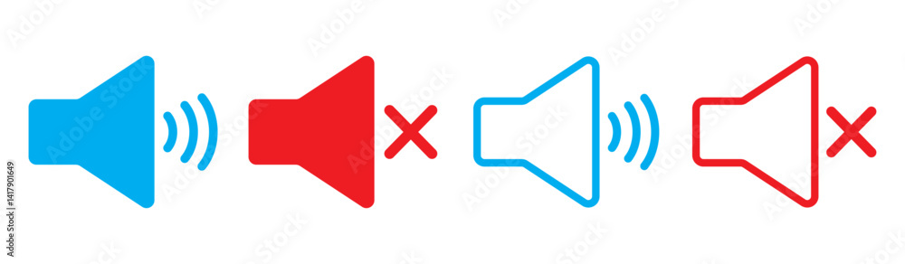 Mute Icon for Audio, Sound Control, Set of Speaker Icons Featuring Mute ...