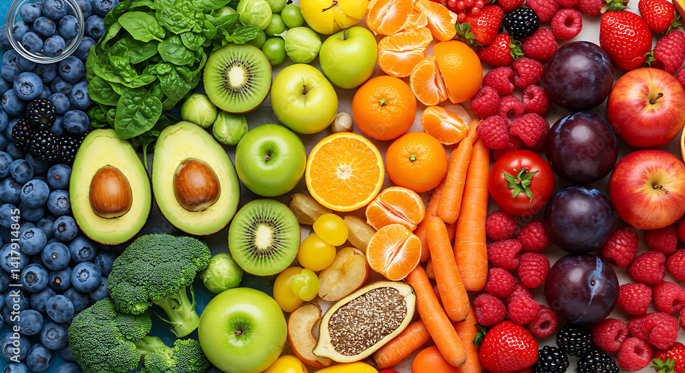 Foto A vibrant assortment of colorful fruits and vegetables creates a ...