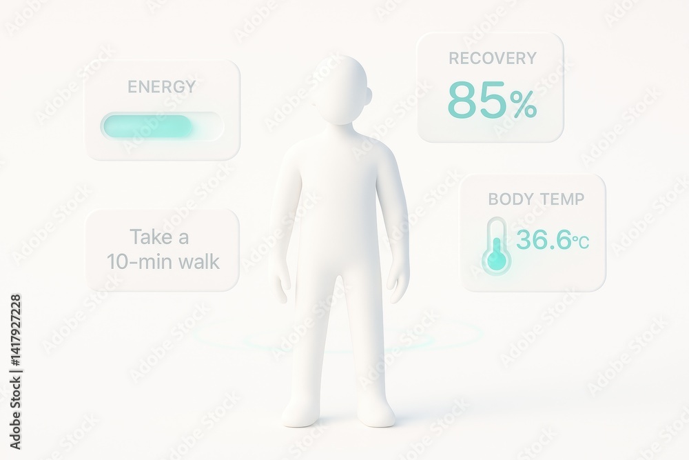 Well-being Metrics: A 3D render portrays a human figure with an overlay ...