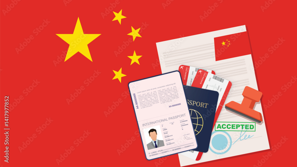 China visa, open stamped passport with visa approved document for ...
