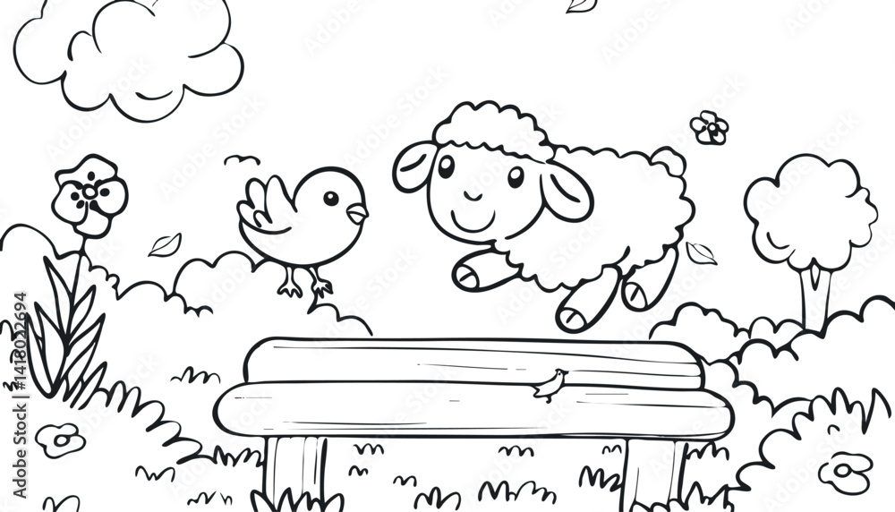 Cute Sheep Jumping with Bird Friend – Kawaii Coloring Page for Kids ...