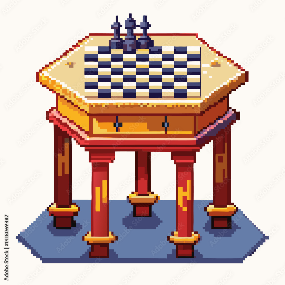 Pixel Art Chess Table with Pieces on Hexagonal Platform for 8 bit Game ...