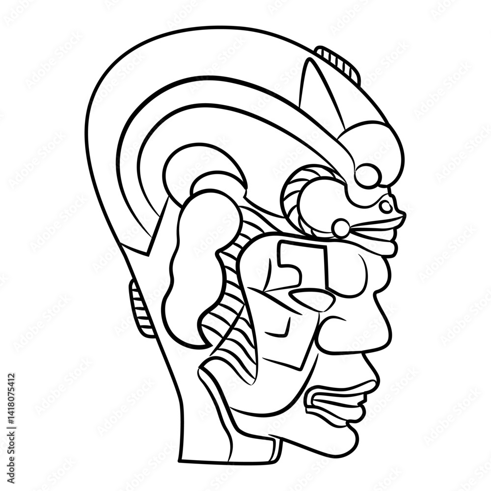 Stylized head of an indigenous man. Native American art of Totonac ...