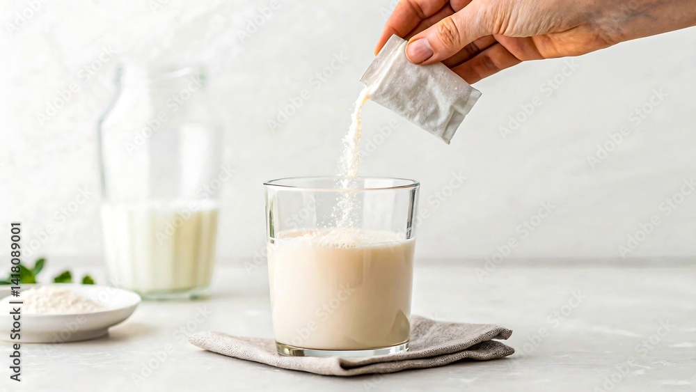 Hand pouring powdered supplement into glass of smoothie on white ...