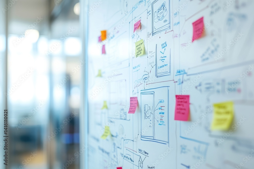 Whiteboard covered in hand-drawn diagrams, sticky notes, and design ...