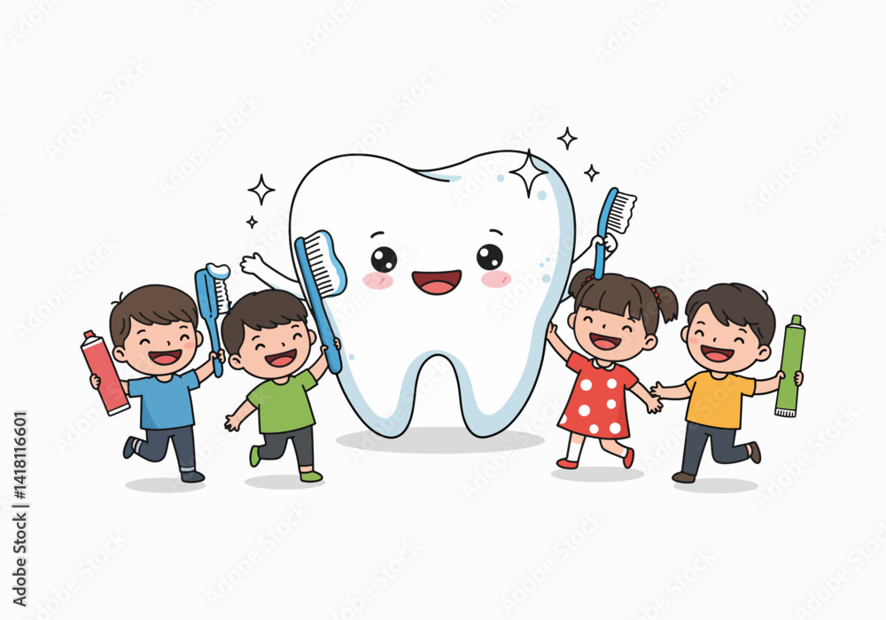 Vector cartoon illustration image of cheerful children brushing a big ...