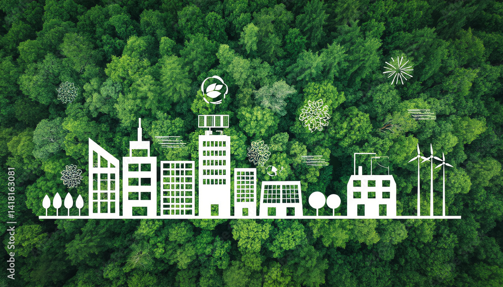 Top view of forest with overlay of eco city icons: clean energy, urban ...