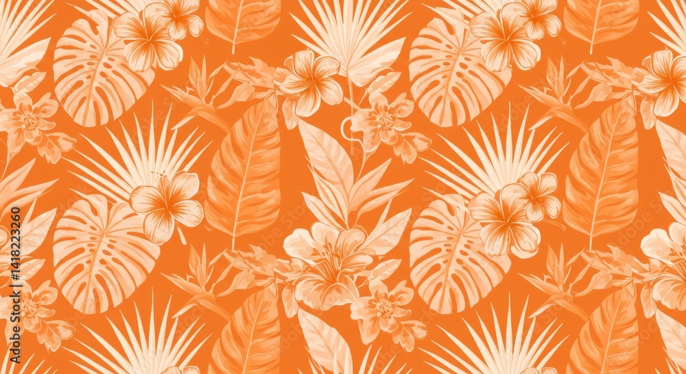 Vibrant Orange Tropical Leaf and Flower Pattern - pattern design ...