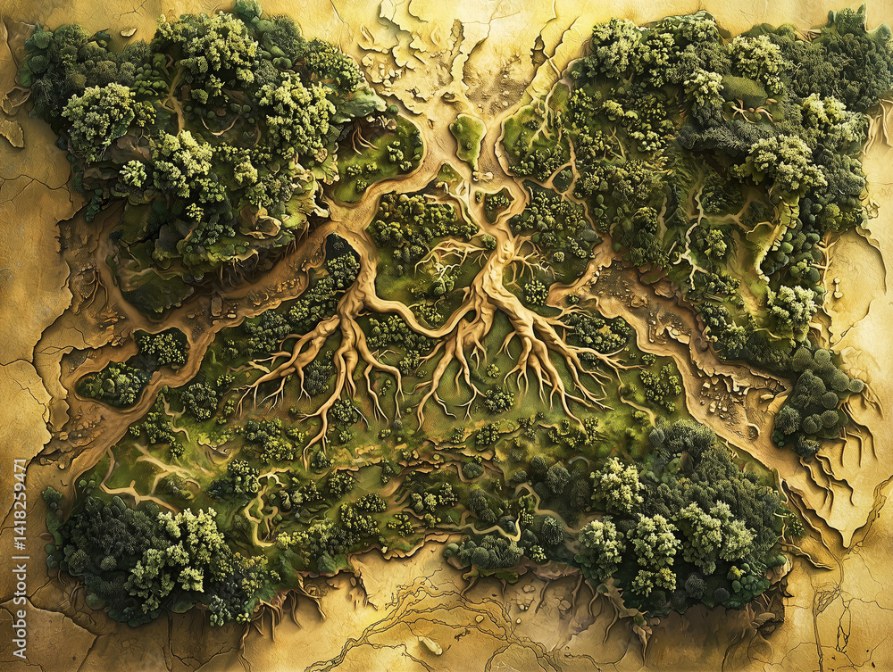 organic nature-inspired fantasy map, landmasses shaped like leaves and ...