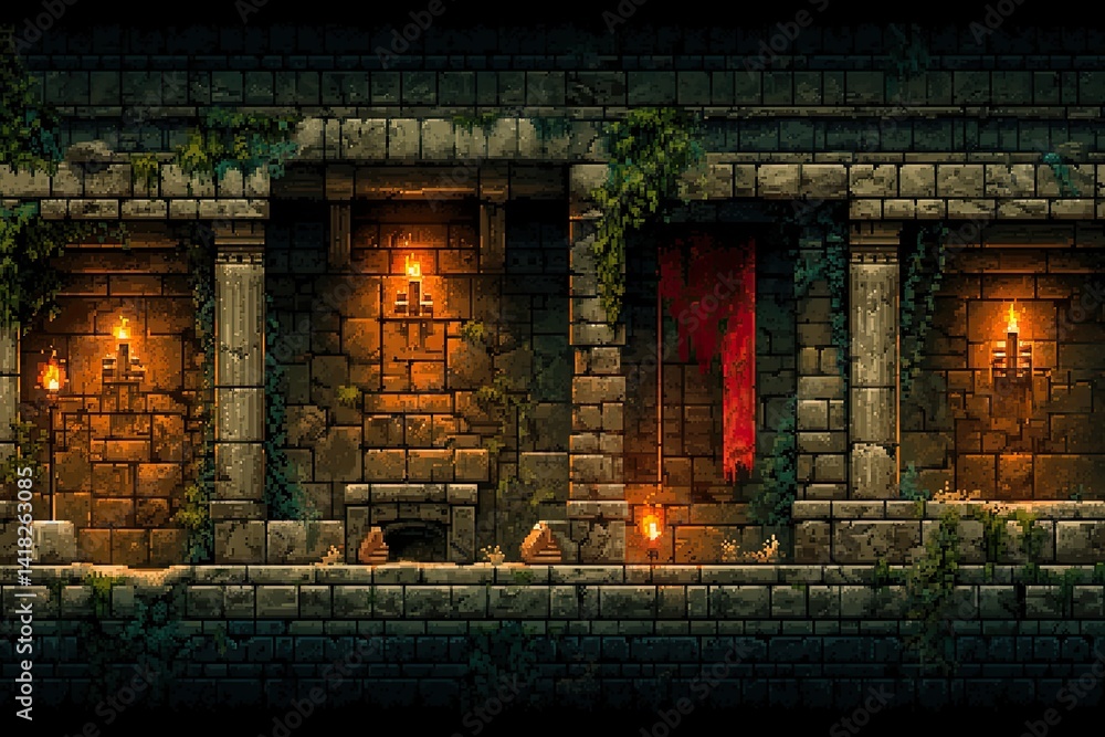 Retro Pixel Dungeon Level Design with Stone Walls and Torches for RPG ...