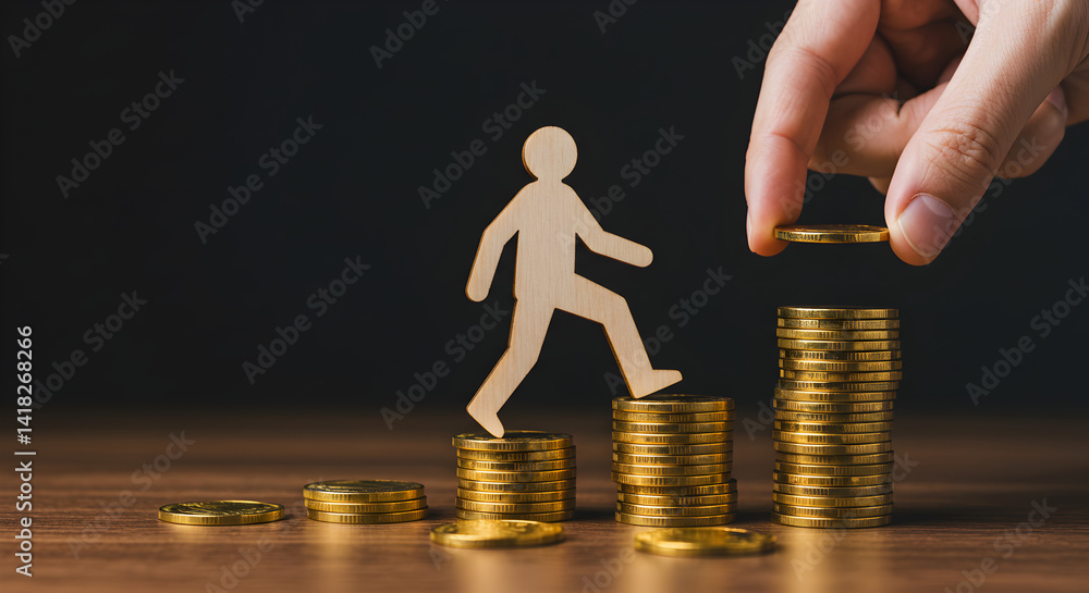 Wooden figure climbing stacks of golden coins with a hand adding a coin ...