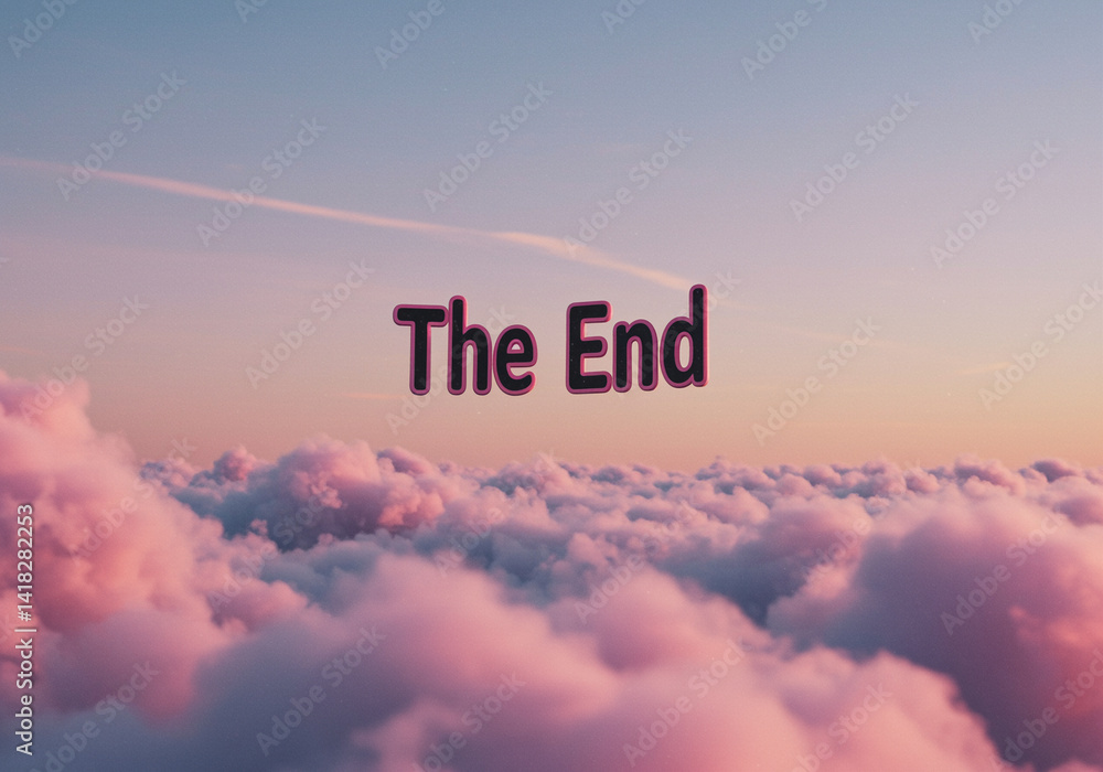 End text on pink clouds and sky background. Fluffy pink clouds under a ...