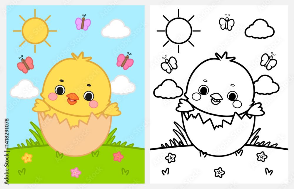Cute cartoon little chick hatching from an egg coloring page for kids ...
