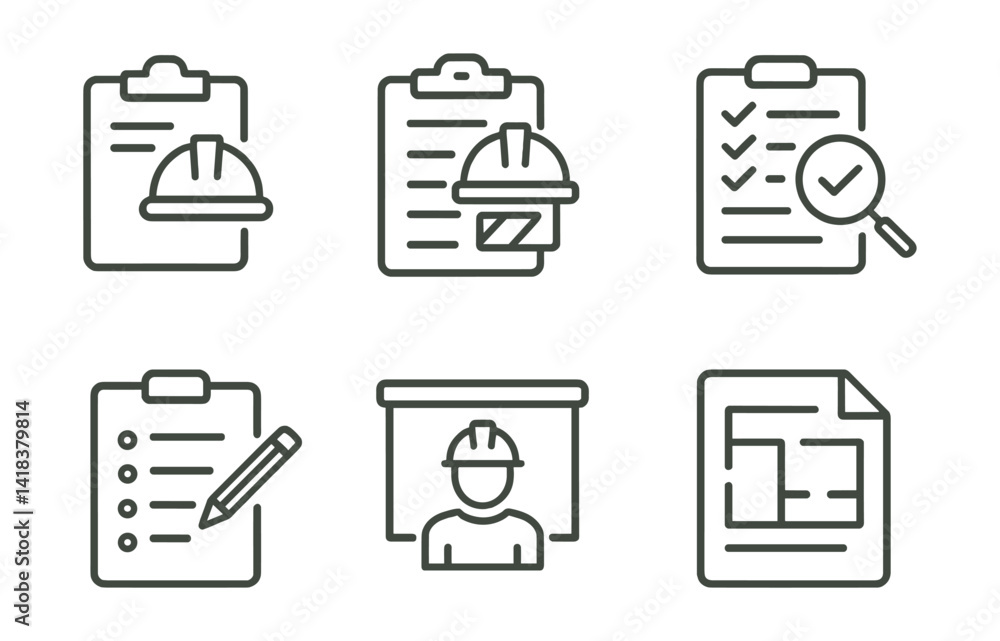 Line vector icons of construction and repair: work permit, daily report ...