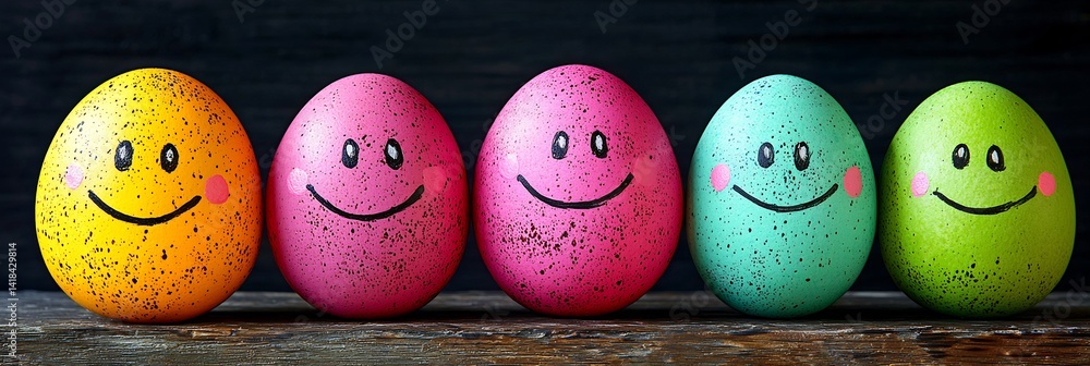 Present bright cartoon eggs with bold smiley faces in neon pink and ...