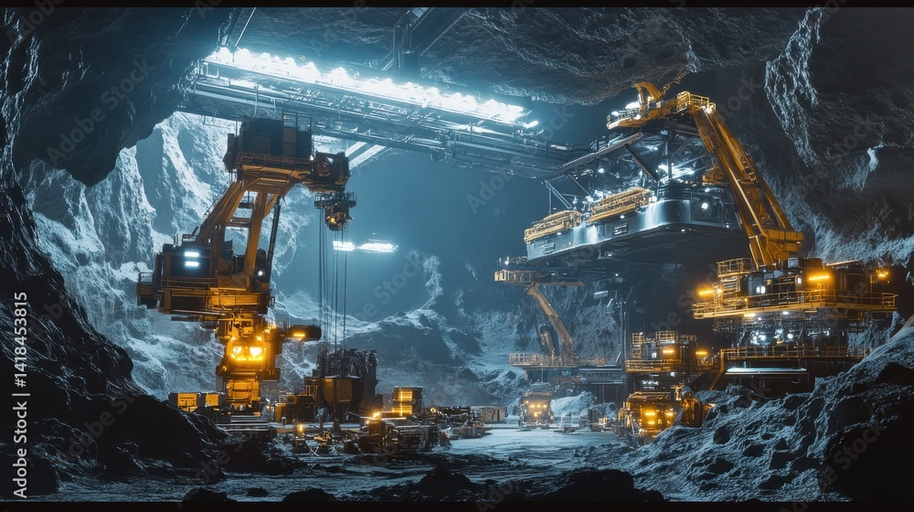 Advanced mining robot explores a dark cave using powerful lights and ...