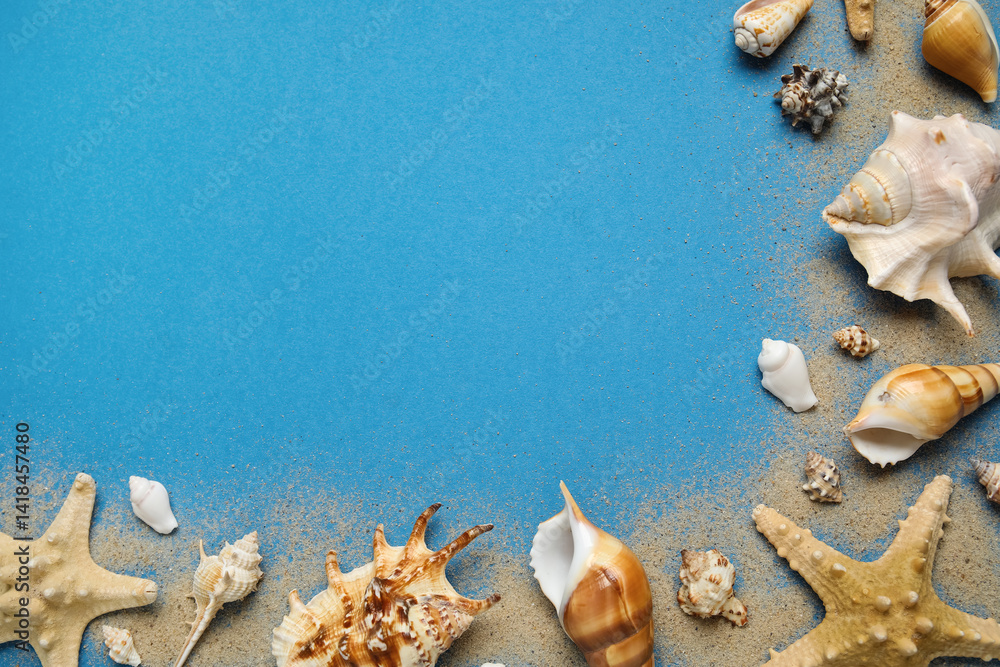 Many sea shells and sand on blue background with space for text Stock ...