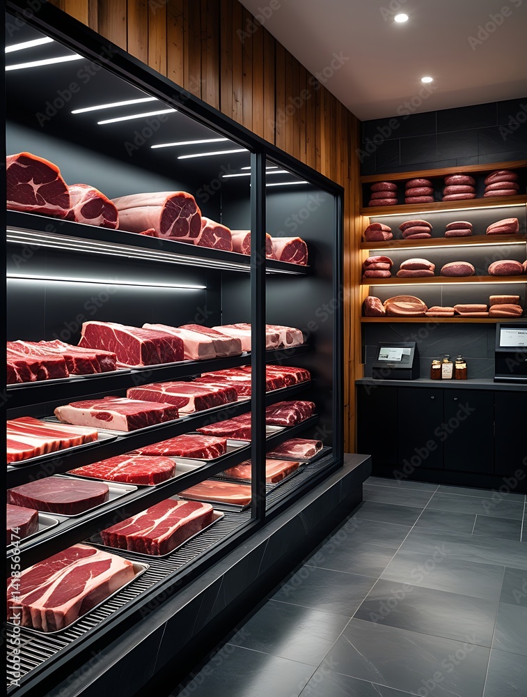 Premium meat display in a modern butcher shop, showcasing neatly ...