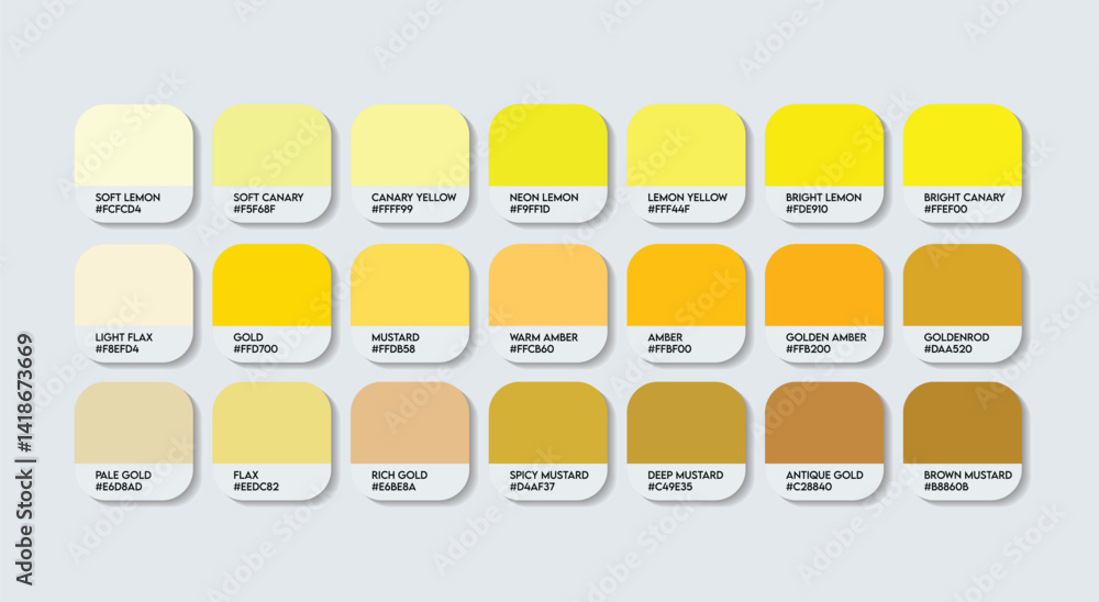 Yellow Shade Color Guide Palette with color Names. Catalog Samples Gold ...