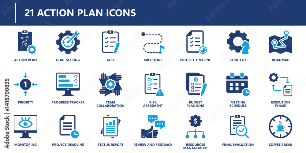 Action plan icons pack in solid style including goal setting, project ...