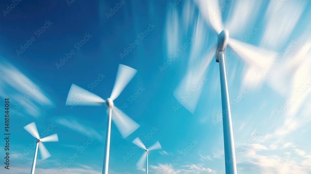 Dynamic image of offshore wind farm with turbines spinning rapidly, motion blur of blades ...
