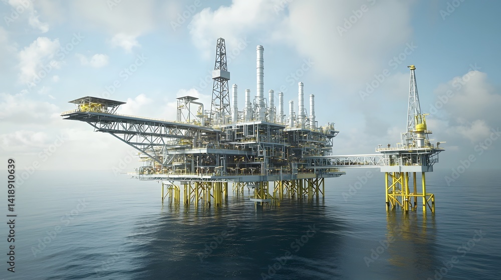 Expansive offshore oil refinery with cutting edge floating platforms ...
