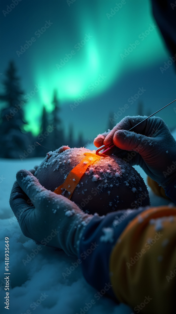 Hands suture a wound under auroras, thread freezing mid-stitch ...