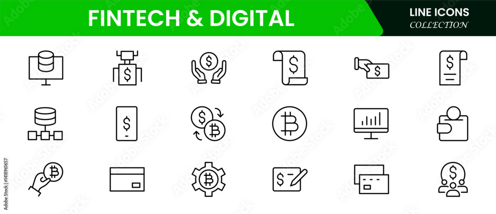 Fintech & Digital Icons vector illustrations with thin lines contain ...