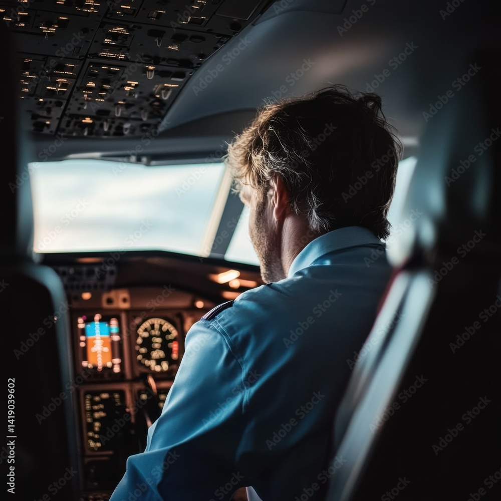 Concentrated male pilot navigating aircraft in cockpit, illustrative ...