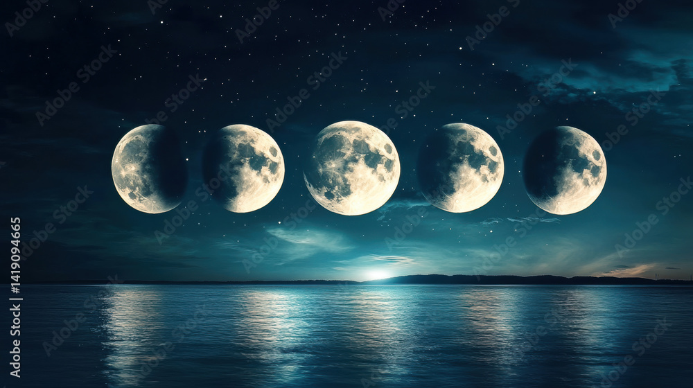 Five phases of the full growth cycle of the moon isolated in the night ...