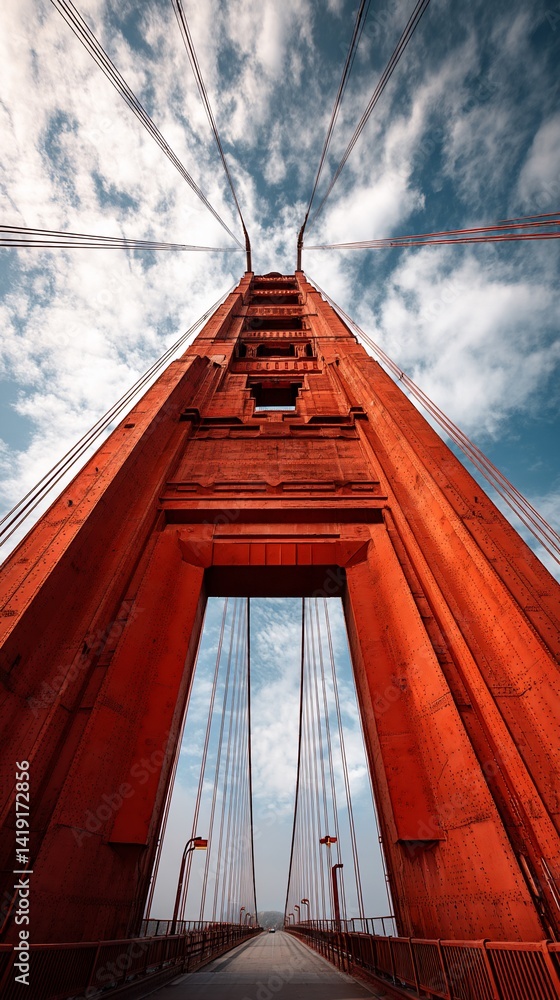 Looking up at the iconic red bridge structure through the open gateway ...