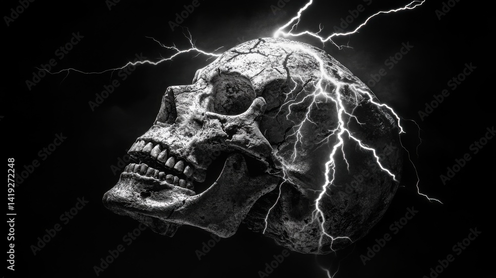 Skull and Lightning Dramatic Black and White Photography Striking Image ...