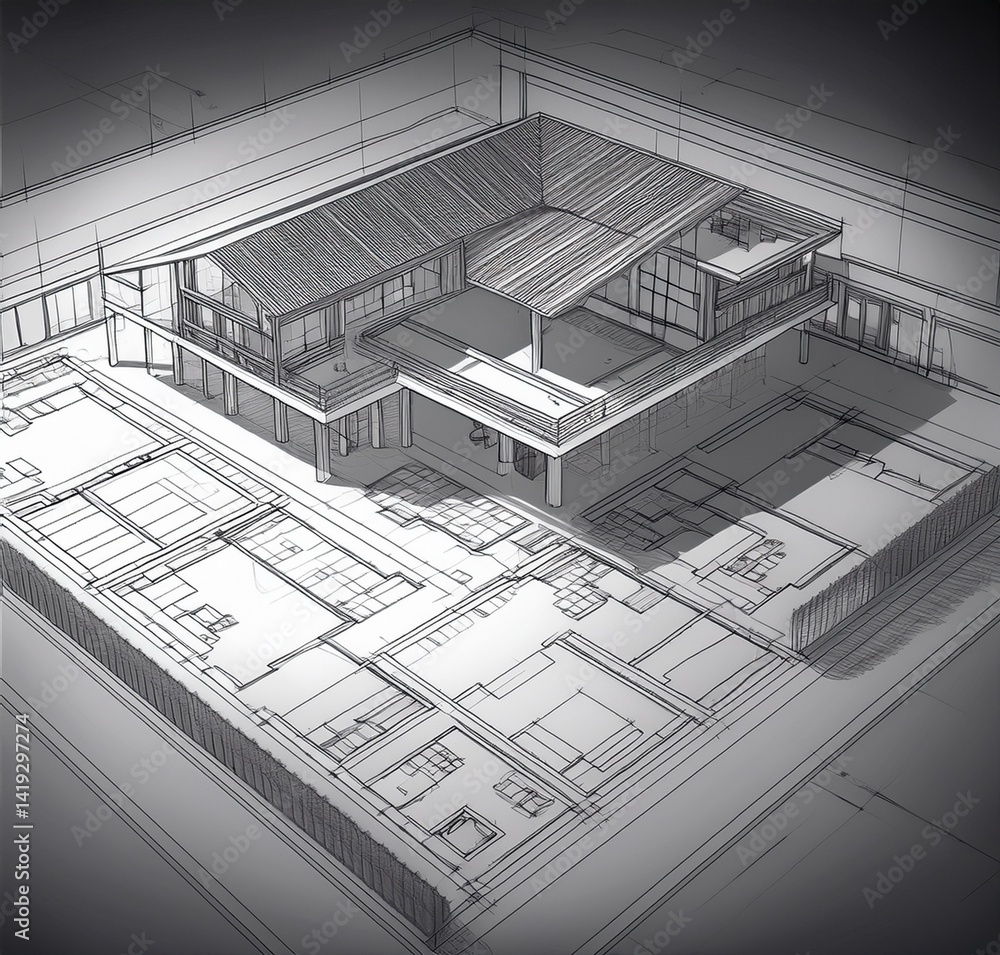 Stock-Illustration „Architectural Sketch Modern House Design Plan with ...