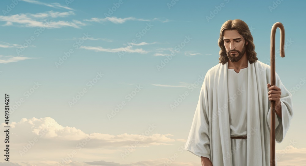 Jesus as Good Shepherd holding staff against blue sky with clouds ...