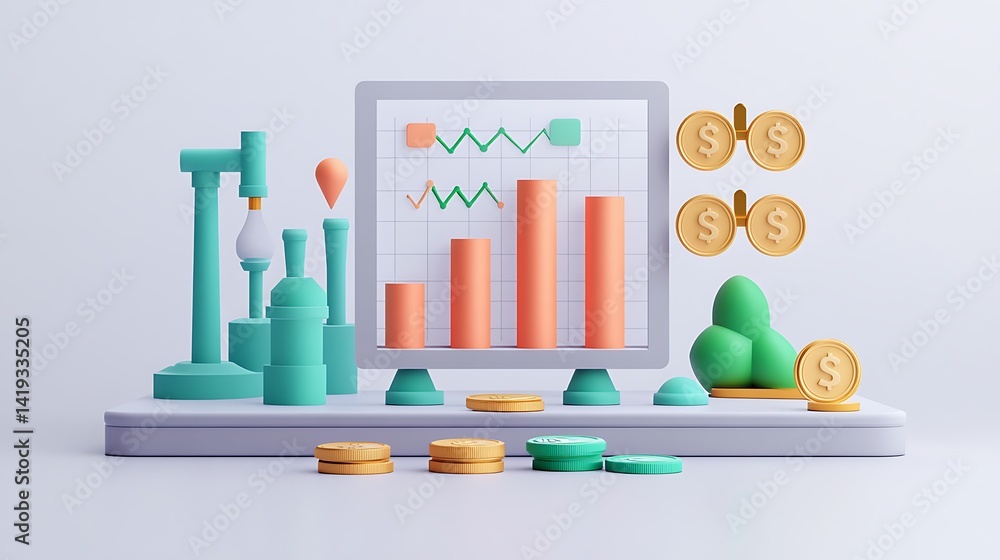 Minimal 3D flat chart of break-even analysis, factory icon on the left ...