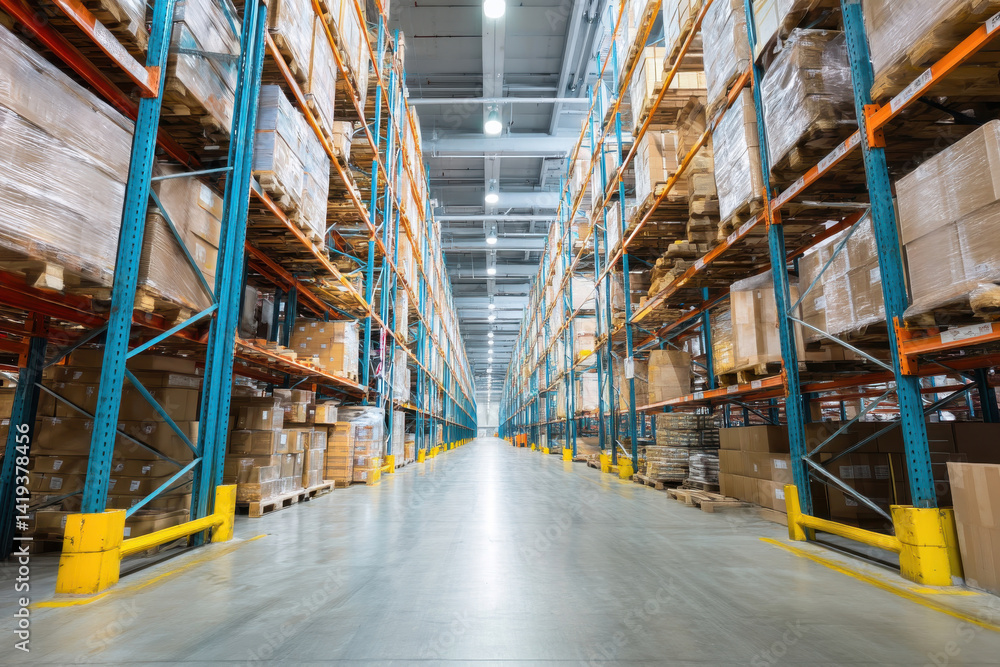 vast modern warehouse with high shelves looks incredibly organized ...