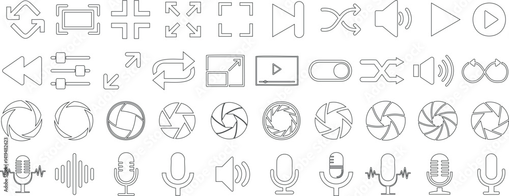 Explore a minimalist icon set featuring camera, microphone, and media player symbols. Perfect ...