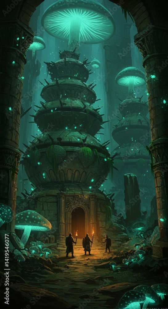 Generative AI Fantasy Mushroom Dungeon Adventure Team mushrooms dungeon ...