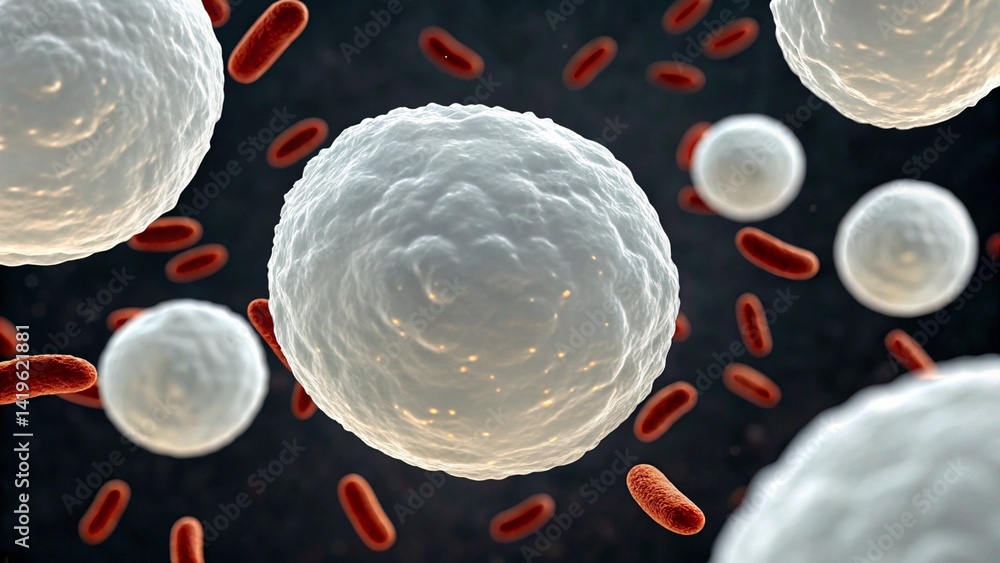 Microscopic view of white blood cells and bacteria. Represents ...