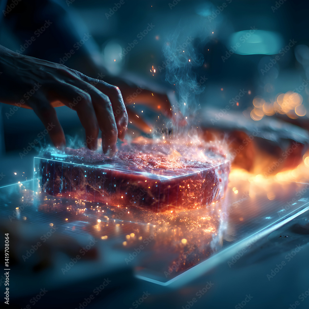 Hands hovering over a glowing cube of meat with sparks and fire on a ...