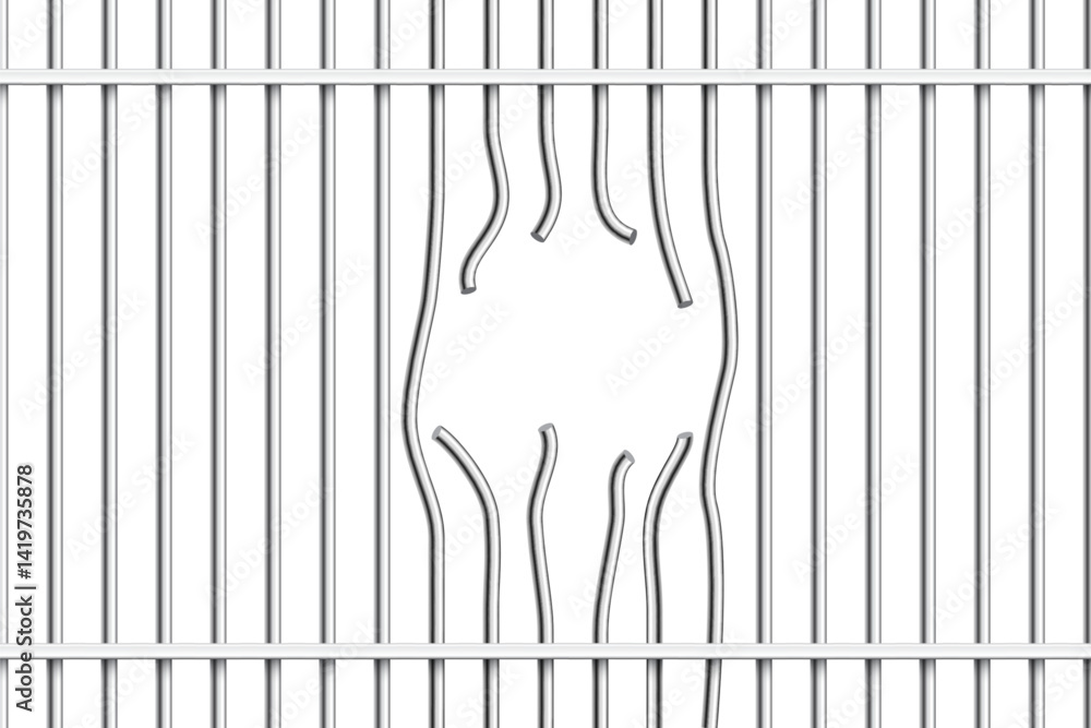 Broken prison bars with wide hole. Bent and torn metal rods forming ...