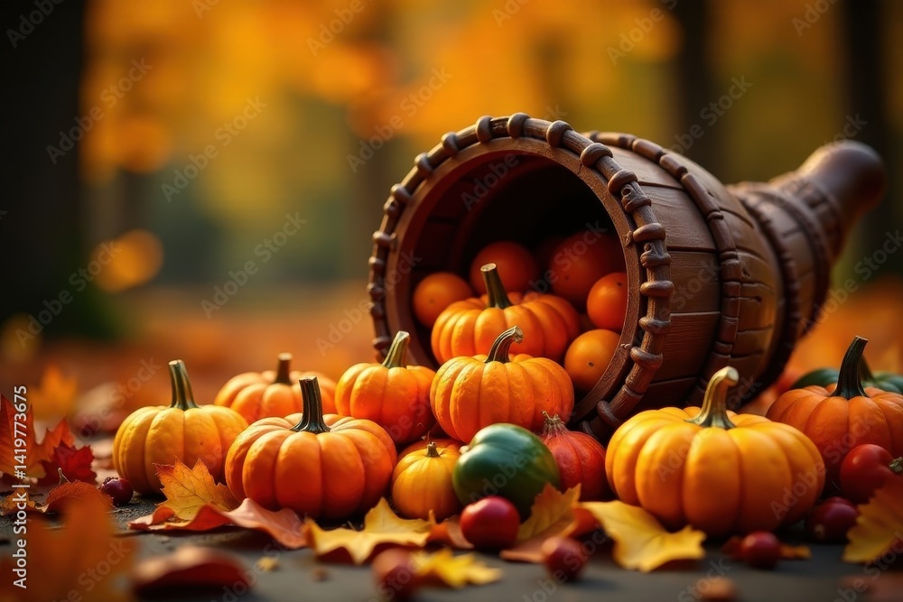 Abundant autumn harvest cornucopia overflowing with gourds and fall ...
