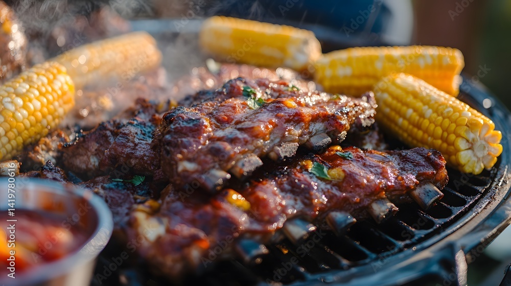 Grilled ribs and corn on the cob are cooked on a hot grill with smoke ...