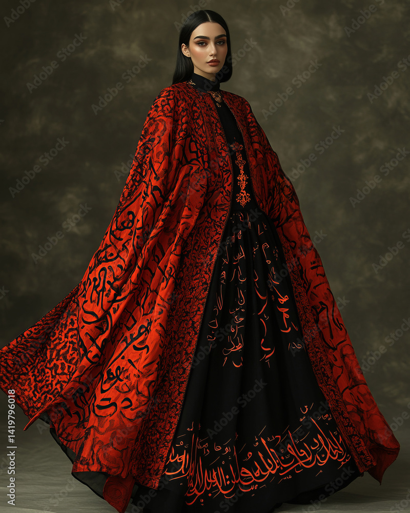 elegant woman in an avant-garde outfit, wearing the traditional kandura ...