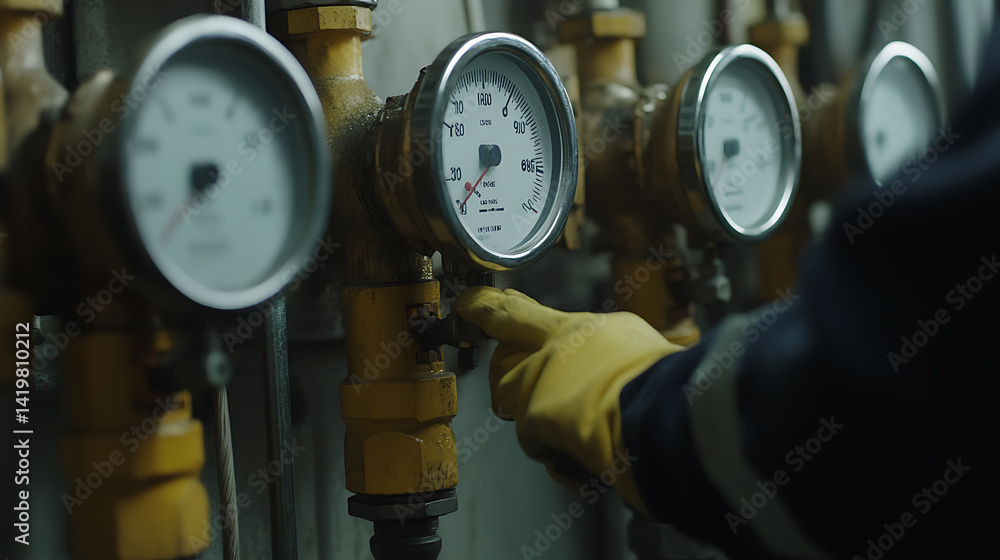 Pipeline engineer verifying operational gauges on a pipeline control ...