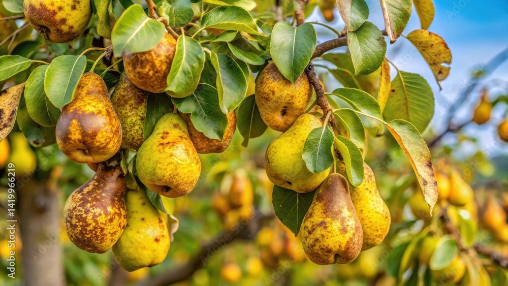 Stock-Illustration „Pear leaf spot disease with yellowing and curling ...