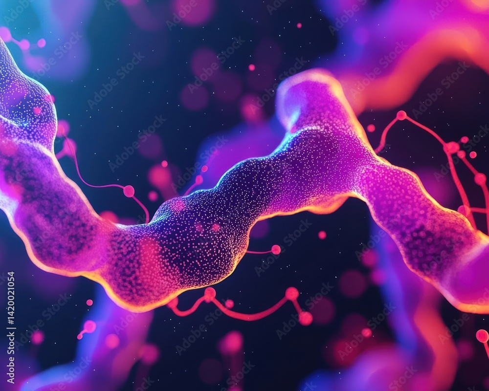 Abstract neon art of ribosomes interacting with mRNA, metabolic flux ...